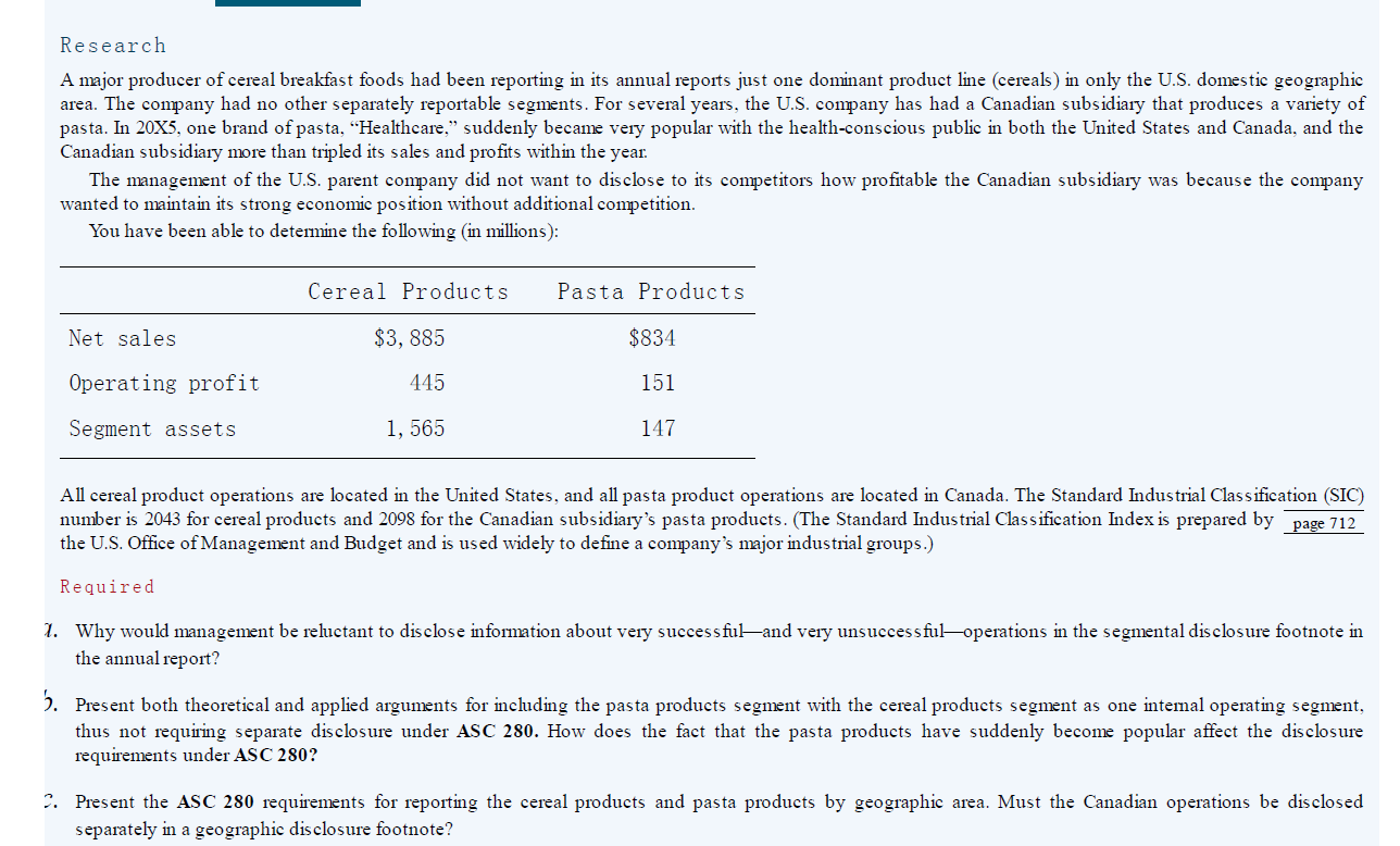 Solved Research\\nA major producer of cereal breakfast foods | Chegg.com