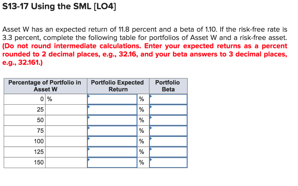 Solved S13-17 Using the SML [LO4] Asset W has an expected | Chegg.com