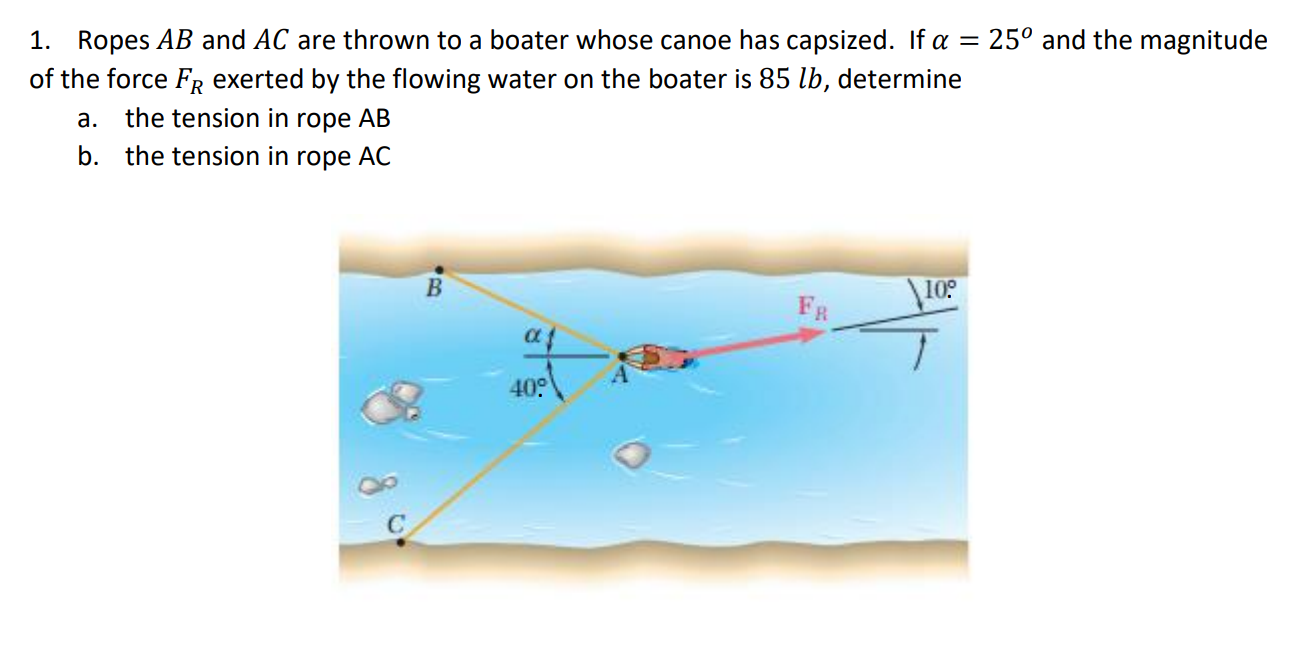 Solved Ropes AB ﻿and AC ﻿are thrown to a boater whose canoe | Chegg.com