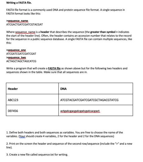 Writing a FASTA file. FASTA file format is a commonly | Chegg.com