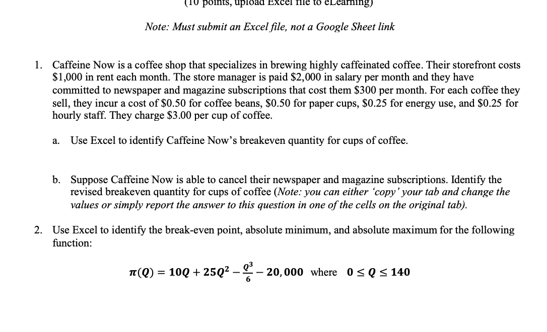 Solved (10 points, upload Excel file to eLearning) Note: | Chegg.com
