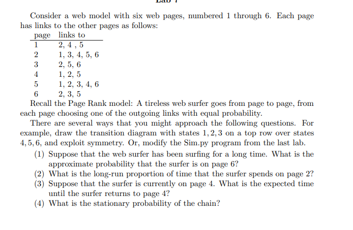 Solved Consider a web model with six web pages, numbered 1 | Chegg.com