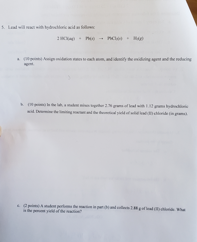 Solved 5. Lead will react with hydrochloric acid as follows: | Chegg.com