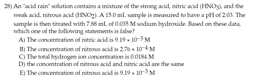 Solved 28) An "acid rain" solution contains a mixture of the | Chegg.com