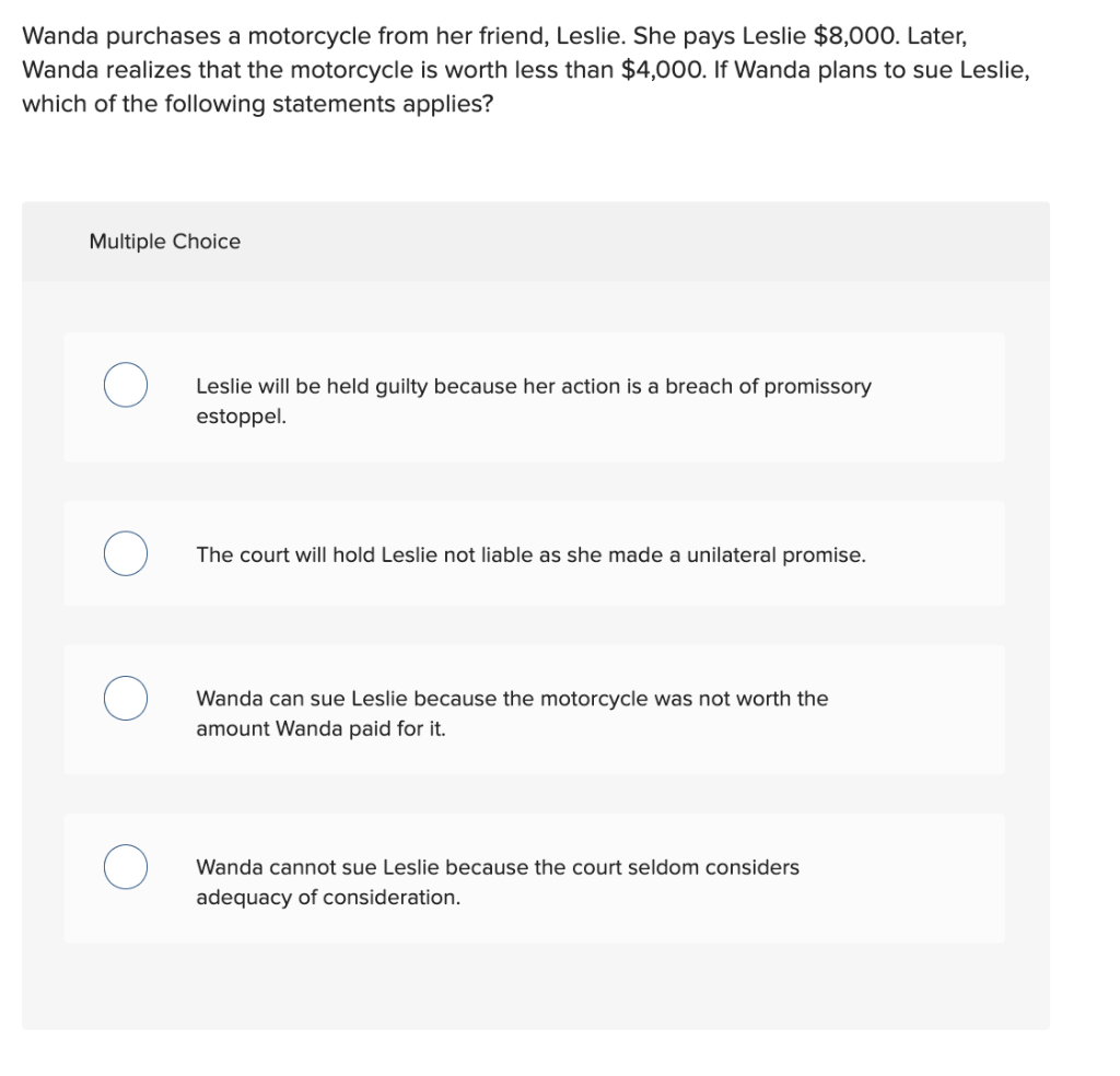 Solved Wanda purchases a motorcycle from her friend, Leslie. | Chegg.com