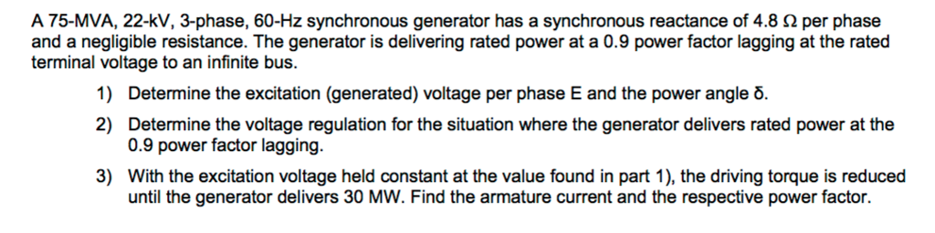 Solved A 75-MVA, 22-kV, 3-phase, 60-Hz synchronous generator | Chegg.com