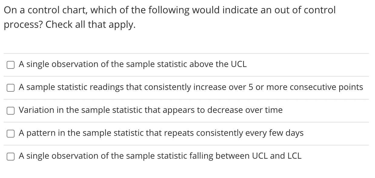 Solved On a control chart, which of the following would | Chegg.com
