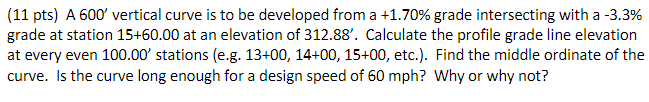 Solved (11 pts) A 600′ vertical curve is to be developed | Chegg.com
