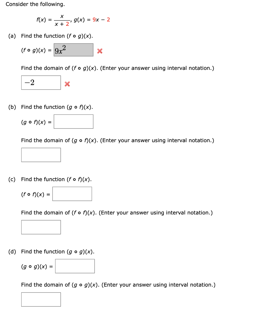 Solved Consider the following. f(x)=x+2x,g(x)=9x−2 (a) Find | Chegg.com