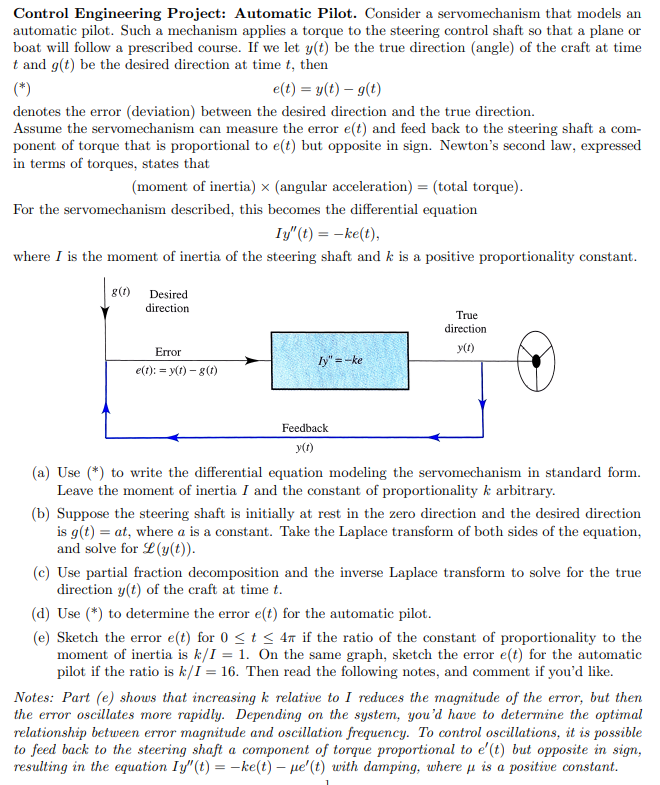 Solved Control Engineering Project: Automatic Pilot. | Chegg.com