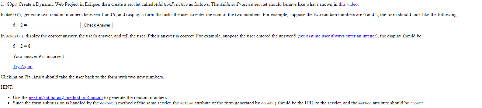 Solved 1. (80pt) Create a Dynamic Web Project in Eclipse, | Chegg.com