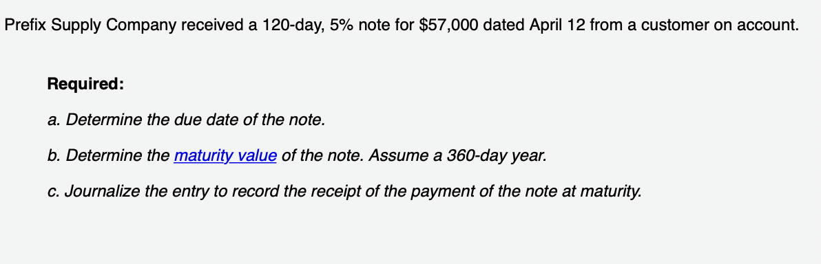 Solved Prefix Supply Company received a 120 -day, 5% note | Chegg.com