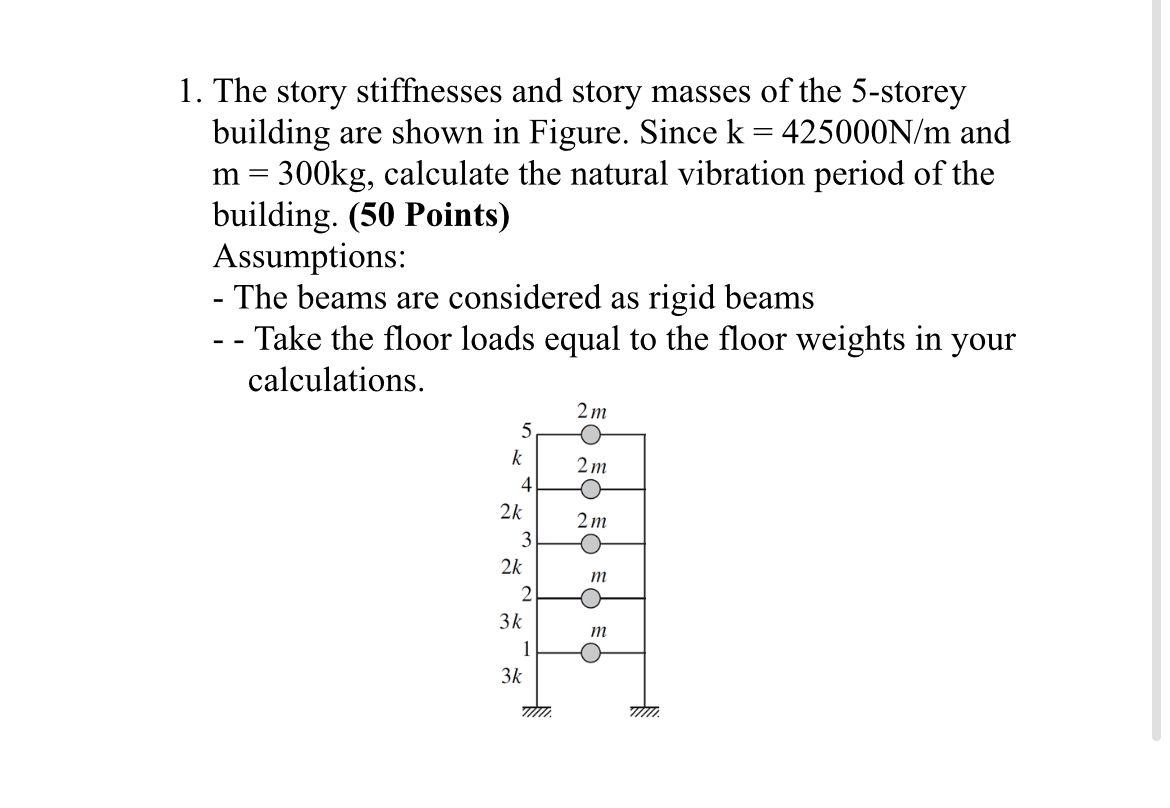 Solved 1. The story stiffnesses and story masses of the | Chegg.com