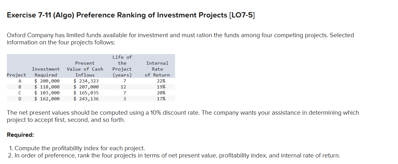 Solved Exercise 7-11 (Algo) Preference Ranking of Investment | Chegg.com