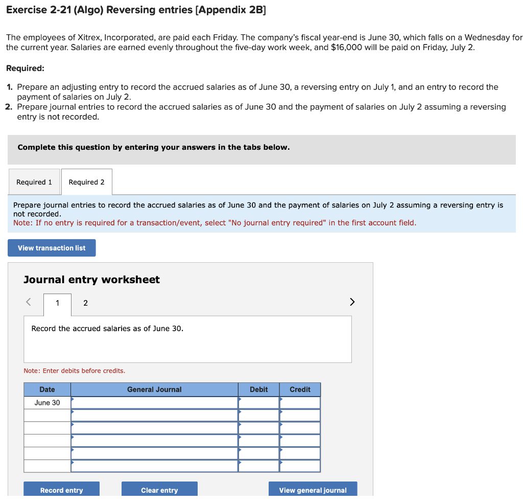 Solved Exercise 2-21 (Algo) Reversing entries [Appendix 2B] | Chegg.com