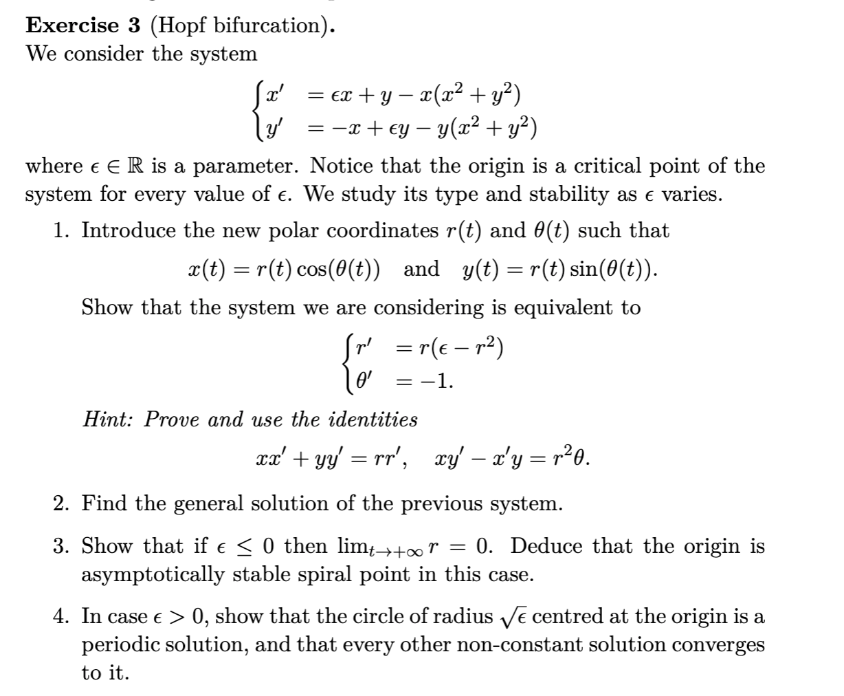 Exercise 3 (Hopf bifurcation). We consider the system | Chegg.com