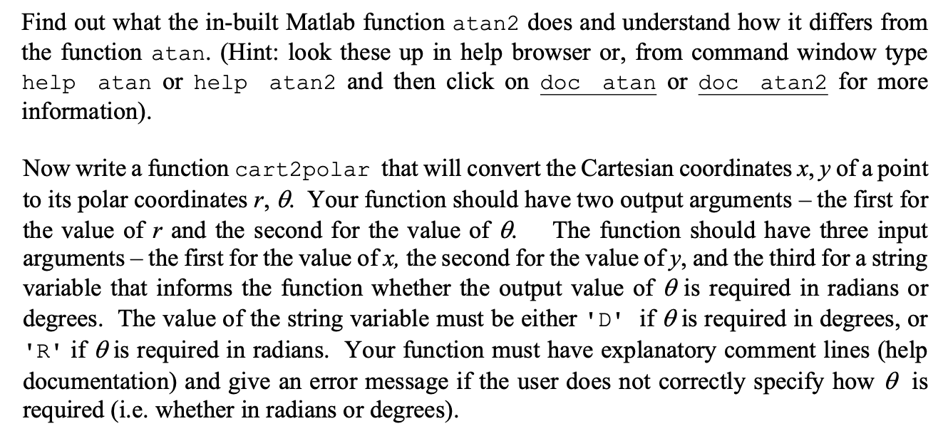 Solved Find out what the in-built Matlab function atan2 does | Chegg.com