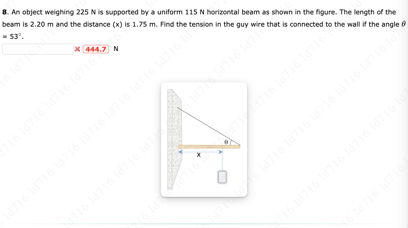 Solved 8. An object weighing 225 N is supported by a uniform | Chegg.com