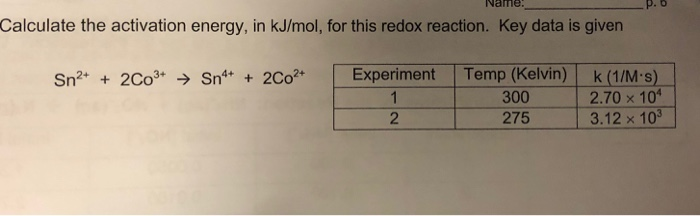 Solved Name Calculate the activation energy, in kJ/mol, for | Chegg.com