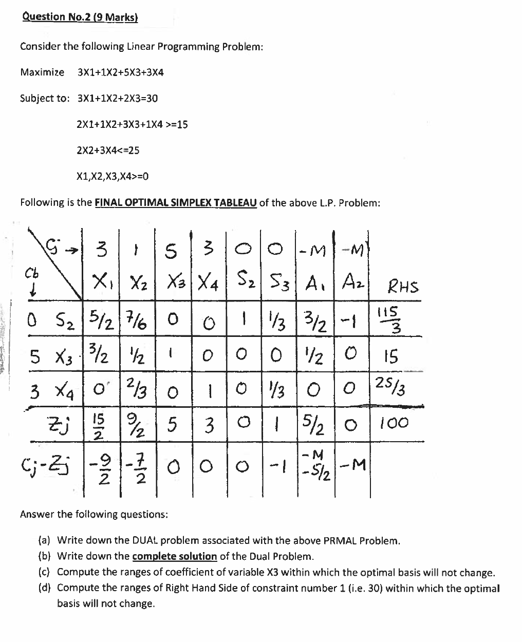 Solved Question No.2 (9 Marks) Consider the following Linear | Chegg.com
