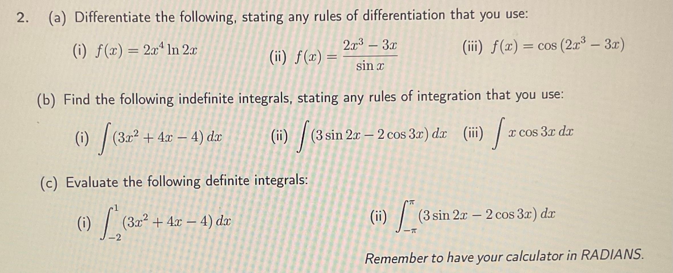Solved 2. (a) Differentiate the following, stating any rules | Chegg.com