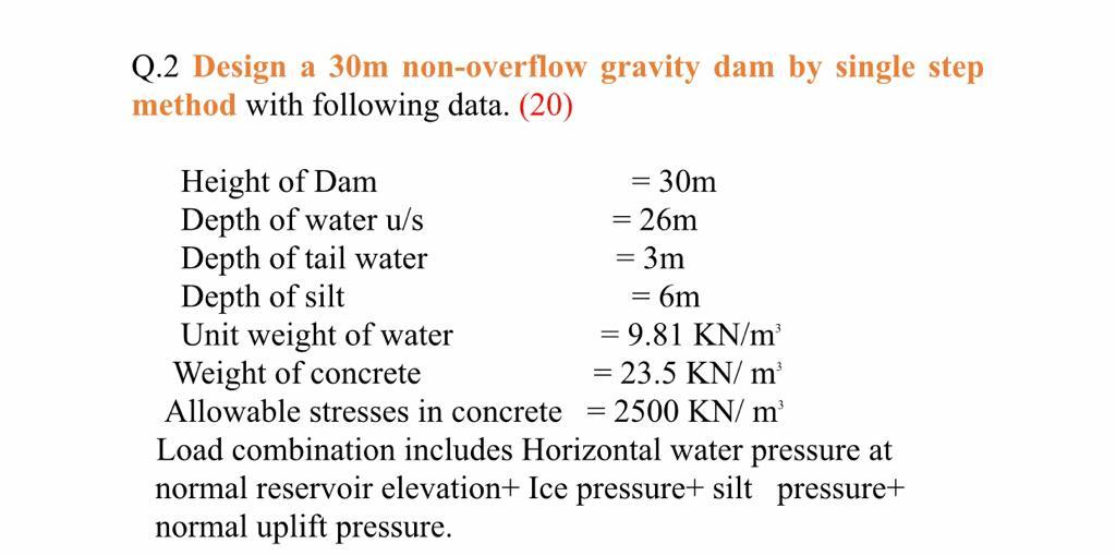 Solved Q.2 Design a 30m non-overflow gravity dam by single | Chegg.com