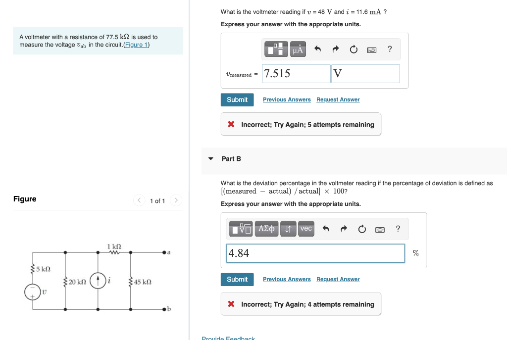 Solved What is the voltmeter reading if v=48 V and i=11.6 mA | Chegg.com