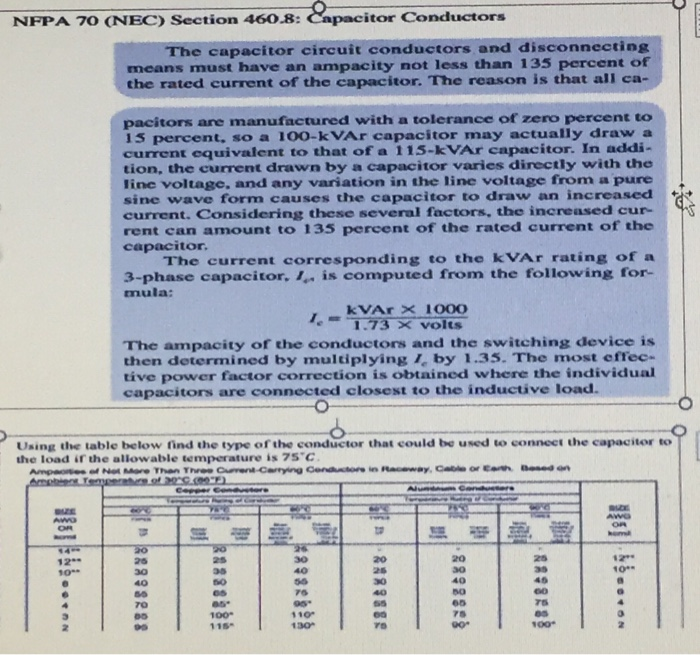 NFPA 70 (NEC) Section 460.8: Čapacitor Conductors The | Chegg.com