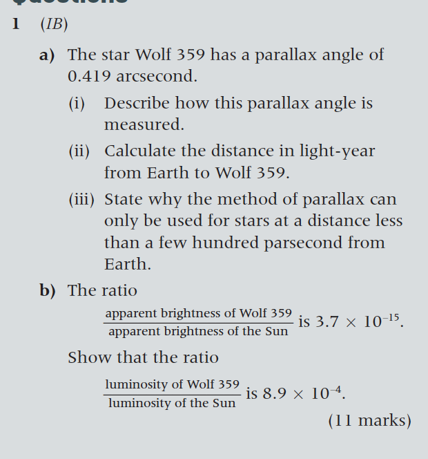 Solved 1 (IB) a) The star Wolf 359 has a parallax angle of | Chegg.com