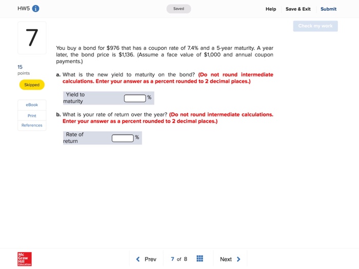 Solved Hw5 Saved Help Save & Exit Submit Check my wor 7 You | Chegg.com