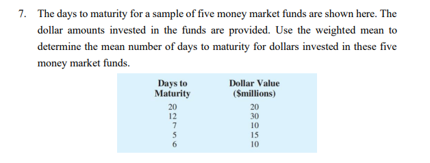 Solved 7. The days to maturity for a sample of five money | Chegg.com