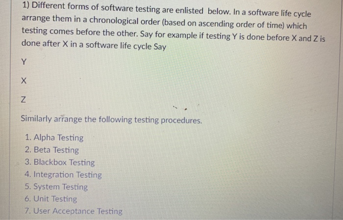 Solved 1) Different forms of software testing are enlisted | Chegg.com