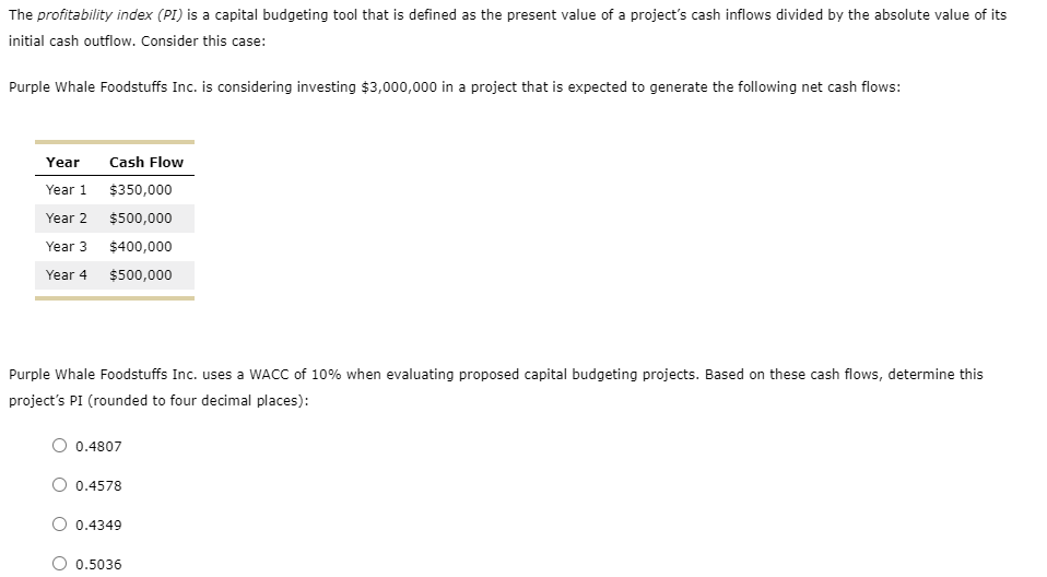 Solved The profitability index (PI) is a capital budgeting | Chegg.com