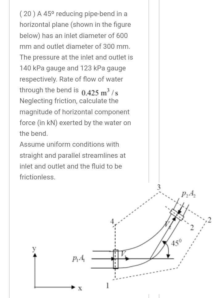 Solved ( 20 ) A 45° reducing pipe-bend in a horizontal plane | Chegg.com