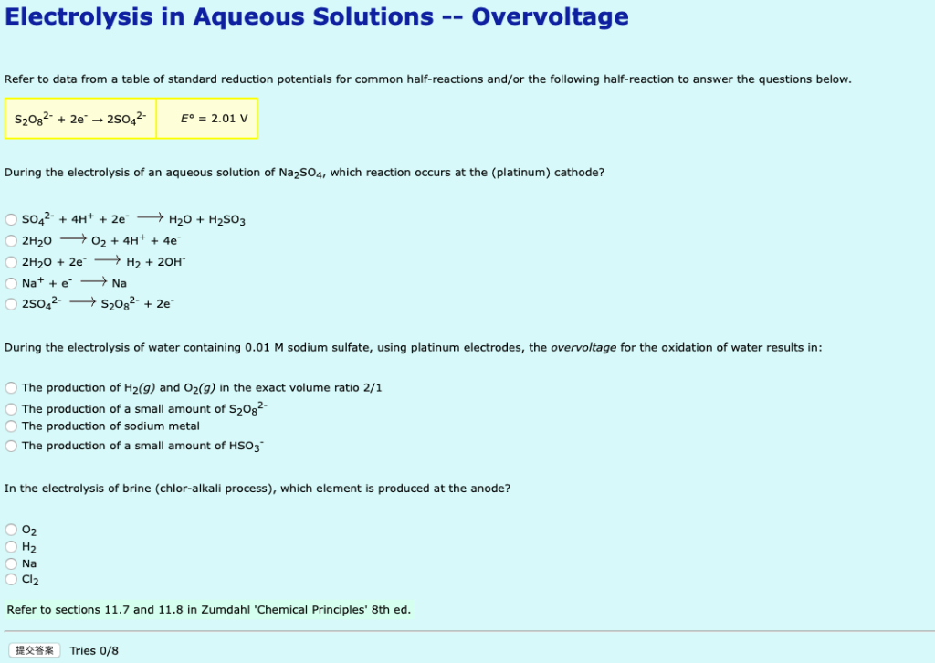 Solved Electrolysis in Aqueous Solutions -- Overvoltage | Chegg.com