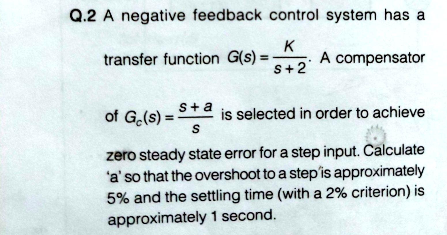 Solved Q.2 A negative feedback control system has a K | Chegg.com