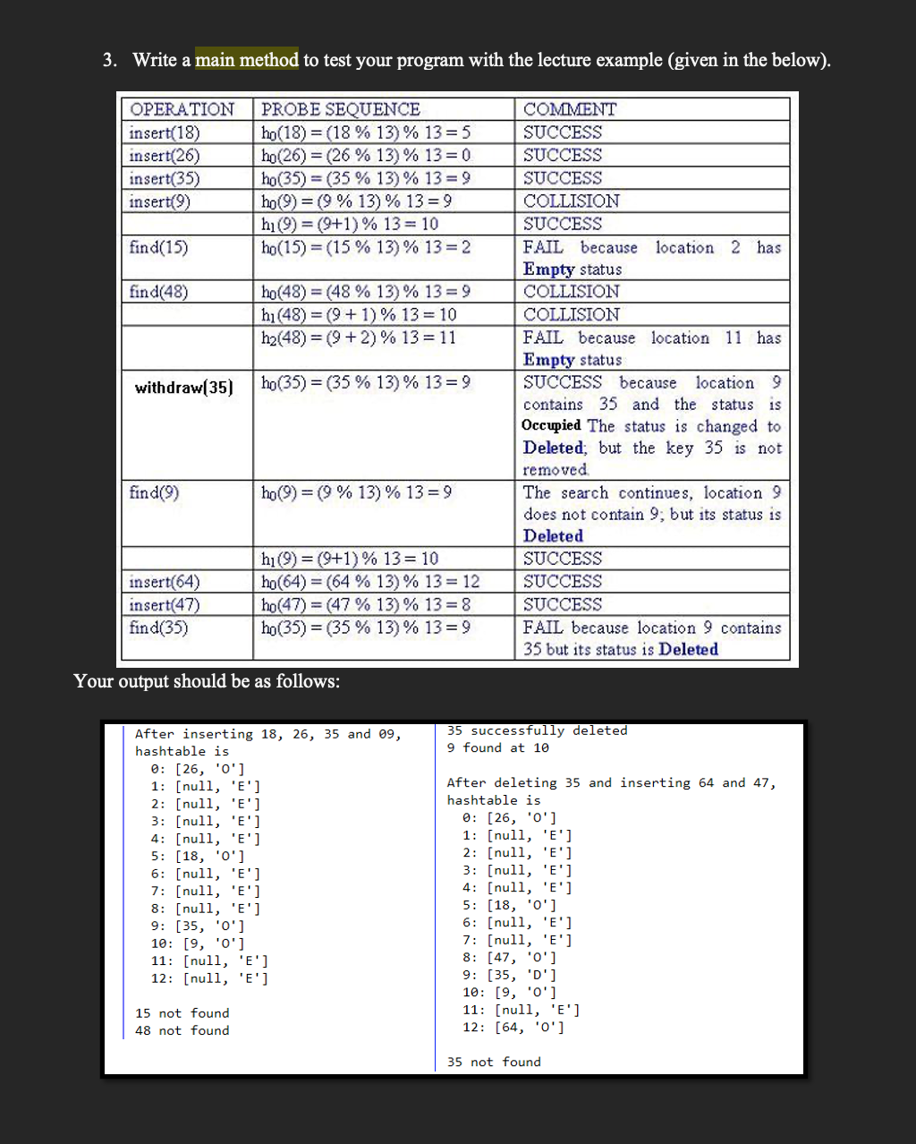 3 Write A Main Method To Test Your Program With The 