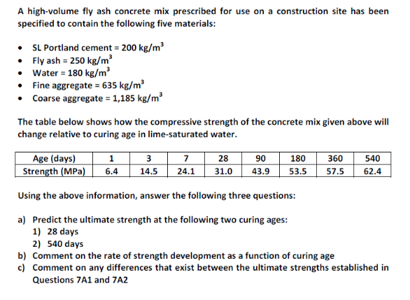 Solved A high-volume fly ash concrete mix prescribed for use | Chegg.com