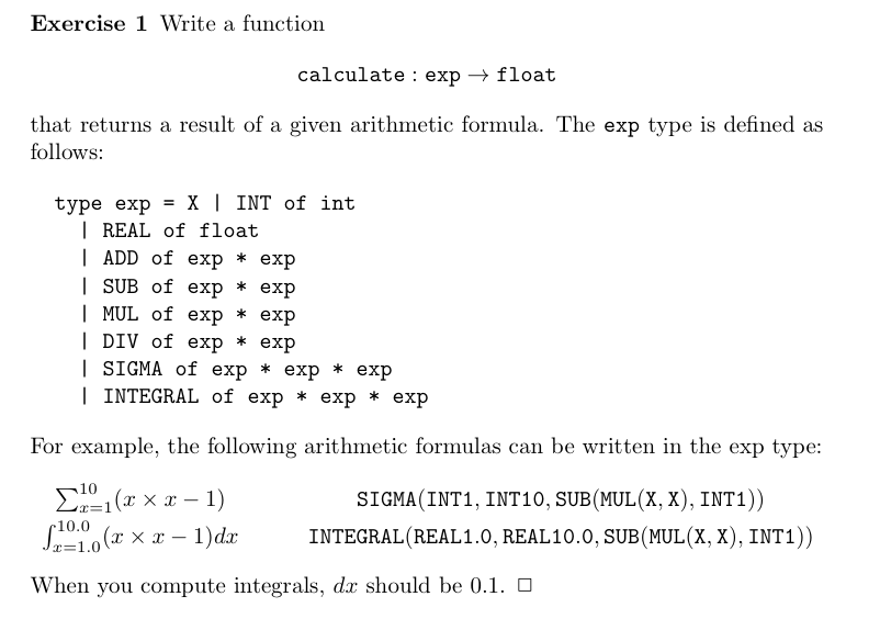 Exercise 1 Write a function calculate : exp → float | Chegg.com