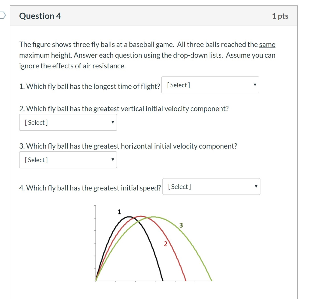 Solved Question 4 1 pts The figure shows three fly balls at | Chegg.com