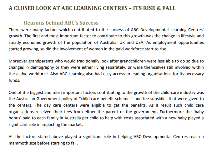 Solved ABC LEARNING CENTRES LTD. CASE STUDY AUSTRALIA | Chegg.com