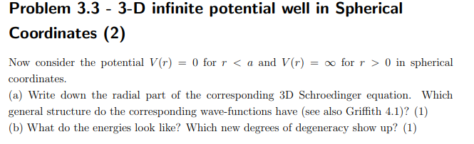 Solved Problem 3.3 - 3-D infinite potential well in | Chegg.com