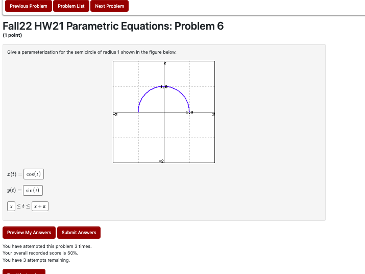 Solved Fall22 HW21 Parametric Equations: Problem 6 (1 point) | Chegg.com
