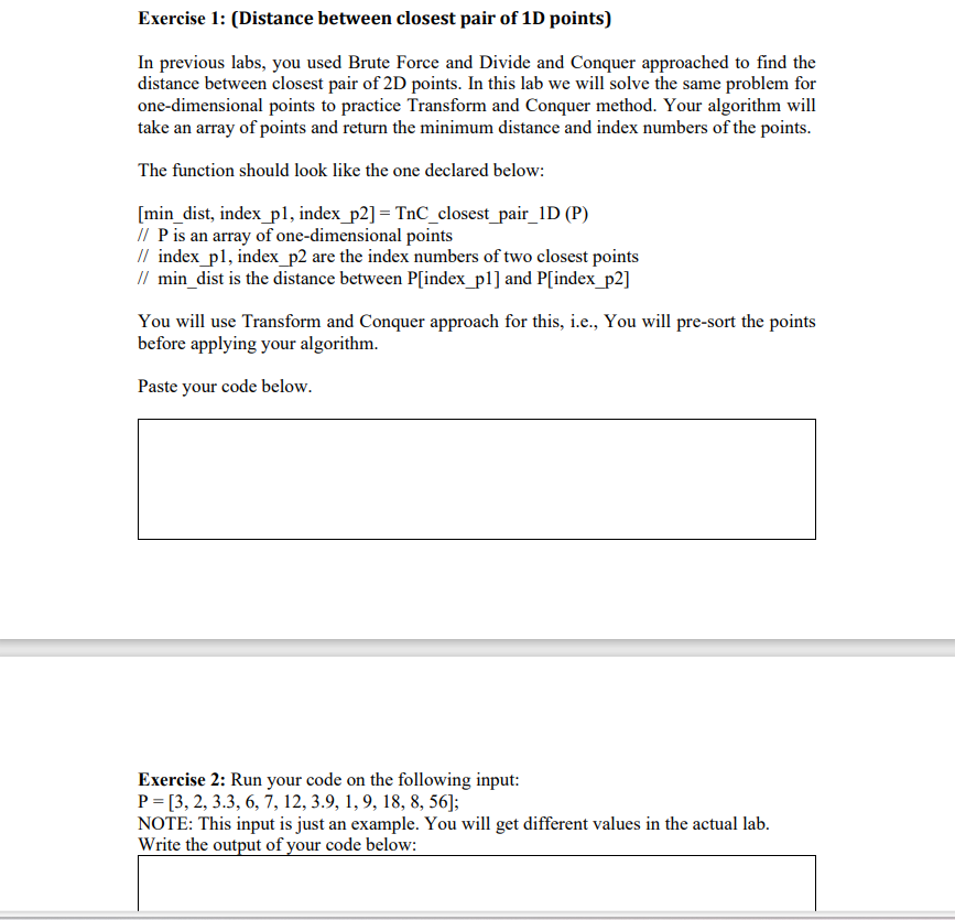 Exercise 1: (Distance between closest pair of 1D | Chegg.com