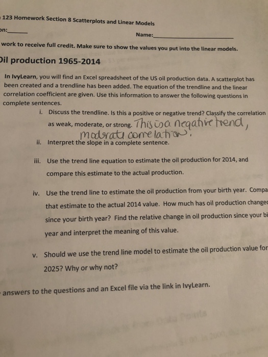123 Homework Section 8 Scatterplots and Linear Models | Chegg.com