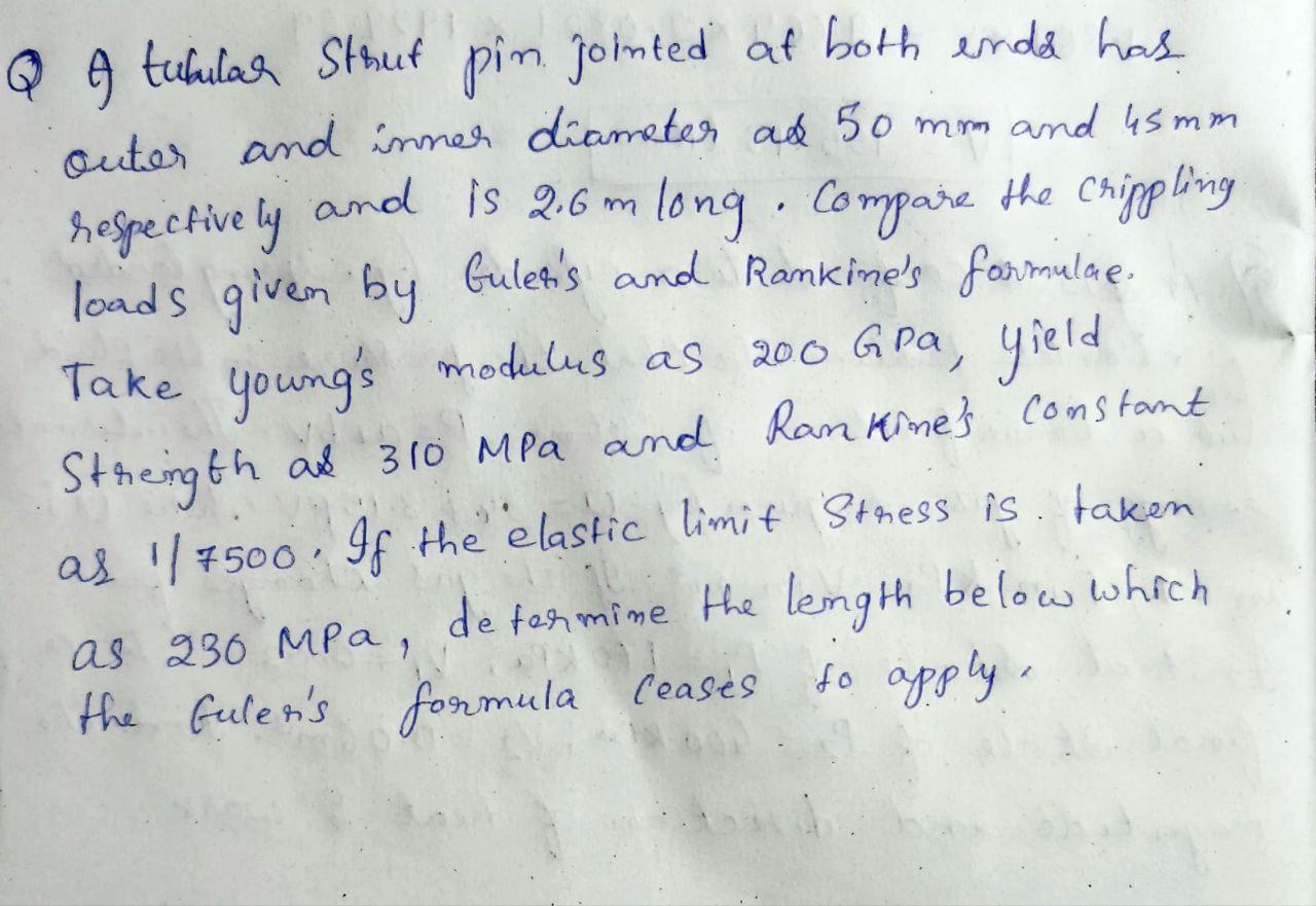 Solved Q A tubular Strut pin jointed at both ends has outer | Chegg.com