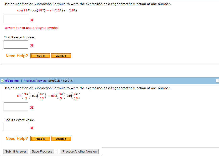 Solved Use an Addition or Subtraction Formula to write the | Chegg.com