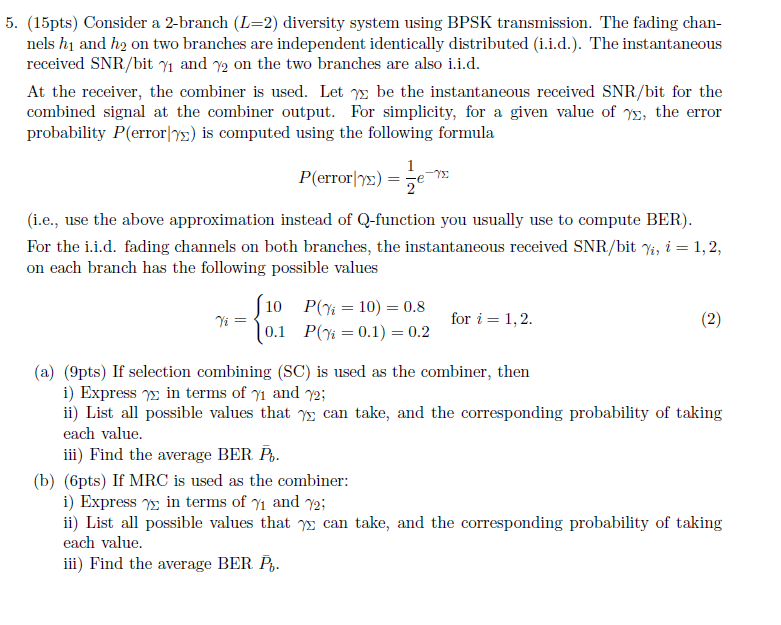 (15pts) Consider a 2-branch (L=2) diversity system | Chegg.com