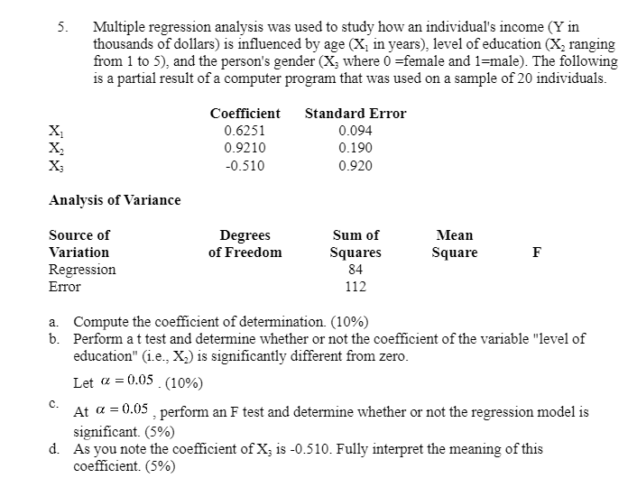 Solved 5. Multiple regression analysis was used to study how | Chegg.com