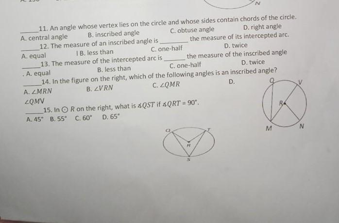 Solved 11. An angle whose vertex lies on the circle and | Chegg.com
